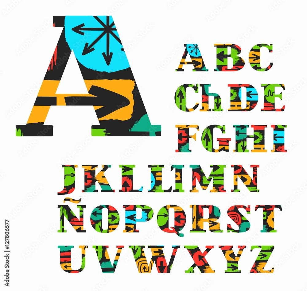 Spanish alphabet, arrow, vector, font, color. Colored, uppercase ...