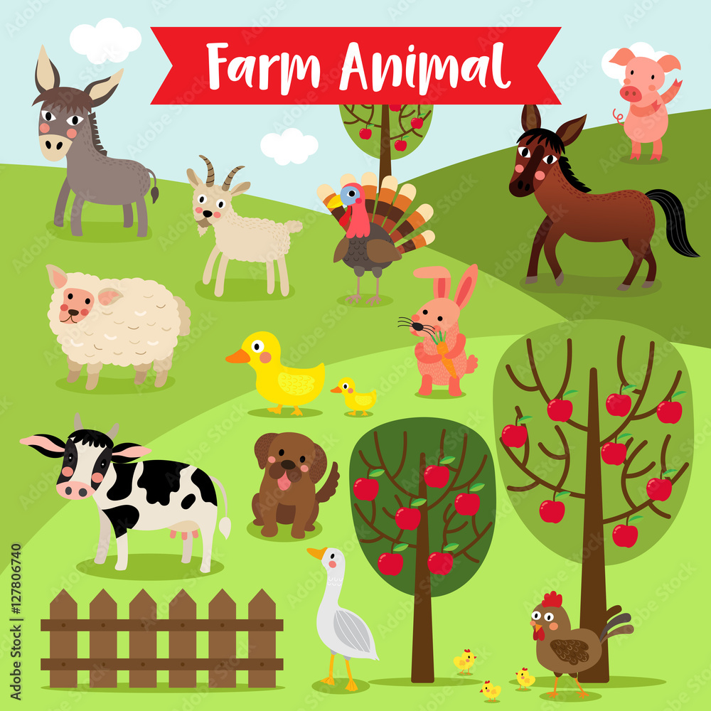 Farm Animal cartoon and apple trees. Goat. Chicken. Chick. Goose ...