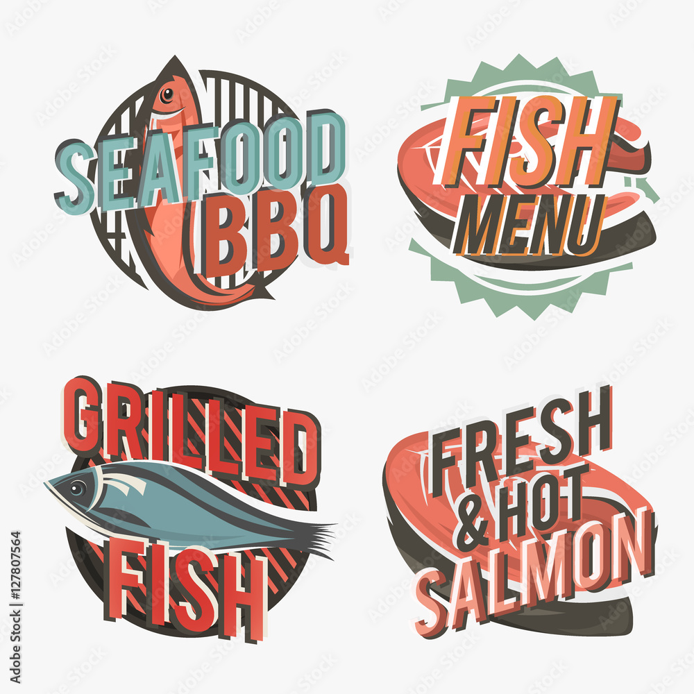 Creative set of fish logos include salmon steak and grilled fish ...