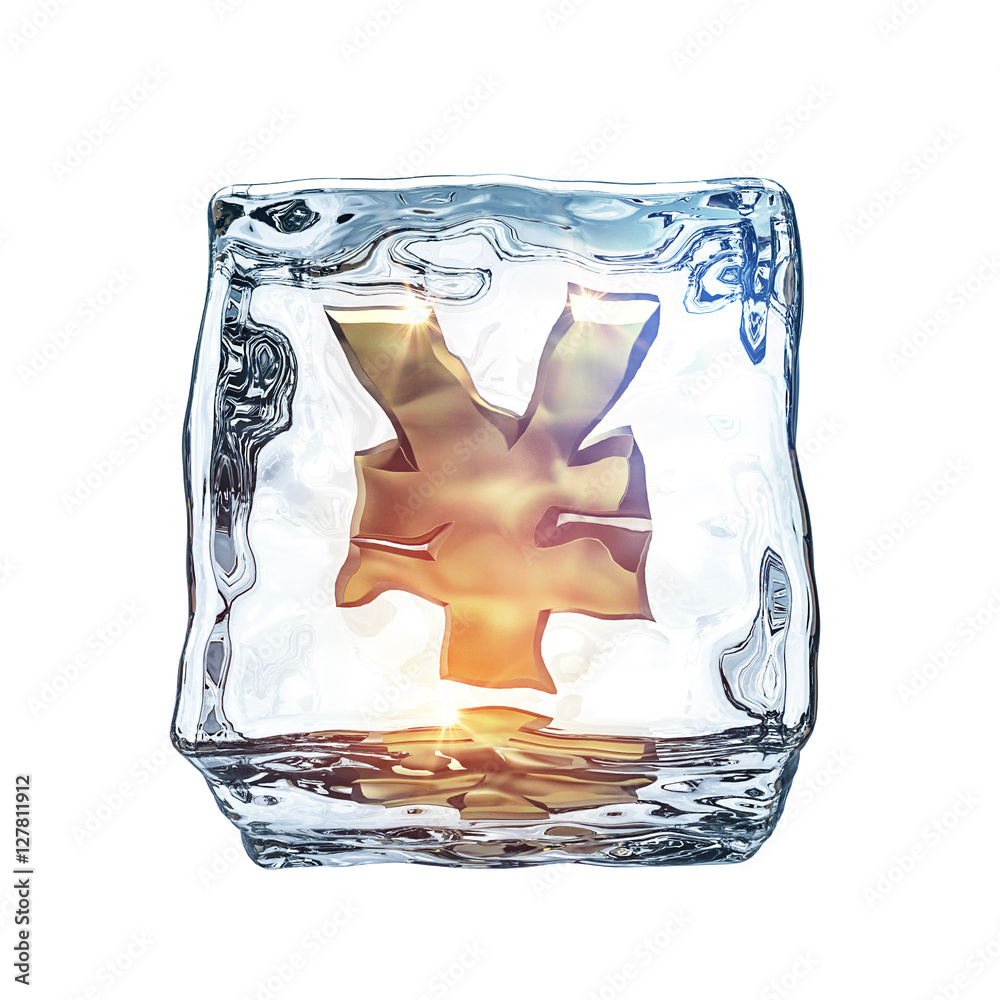 3d ice cube with golden sign inside. Symbol in an ice cube. Debt ...