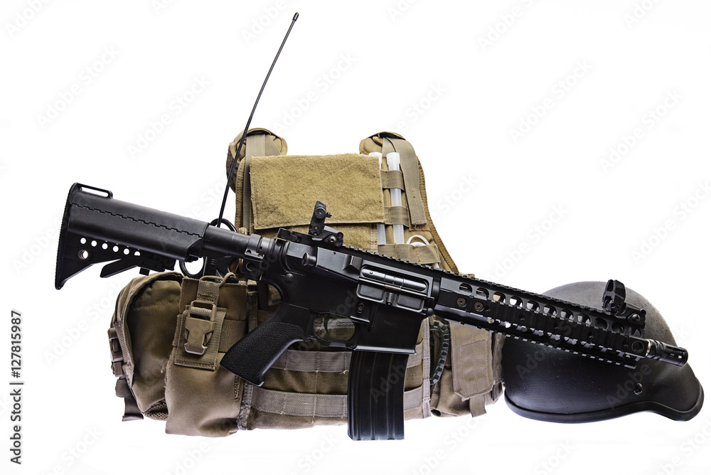 Army bulletproof vest, helmet and rifle isolated/Military body armor ...