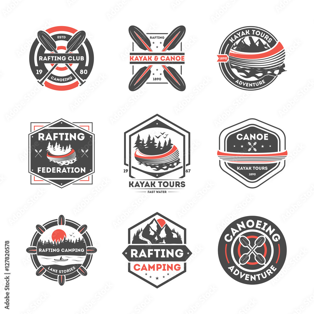 Rafting club vintage isolated label set vector illustration. Kayak ...