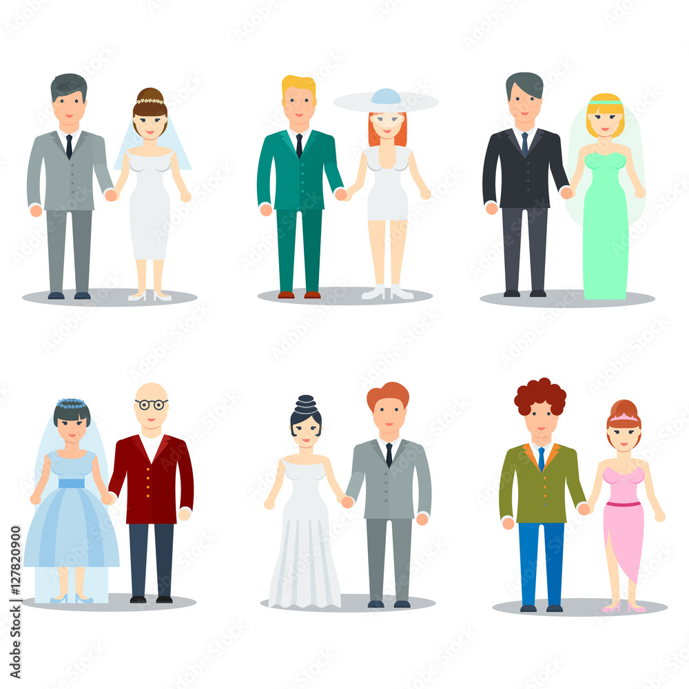 Newlyweds couple cartoon characters. Bride in wedding dress and fiance ...