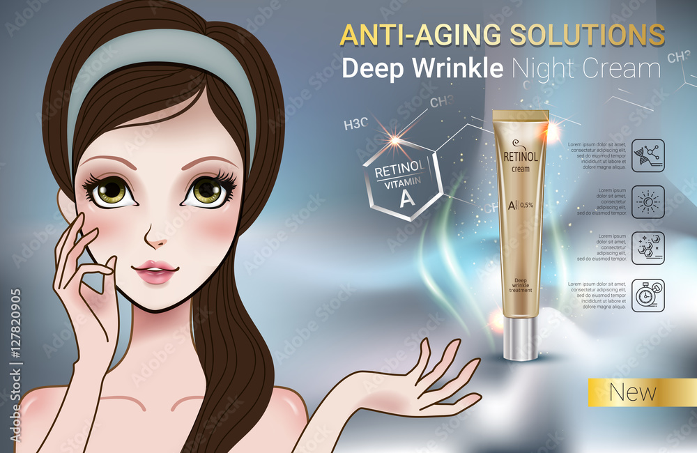 Vector Illustration with Manga style girl and Retinol cream tube. Stock ...