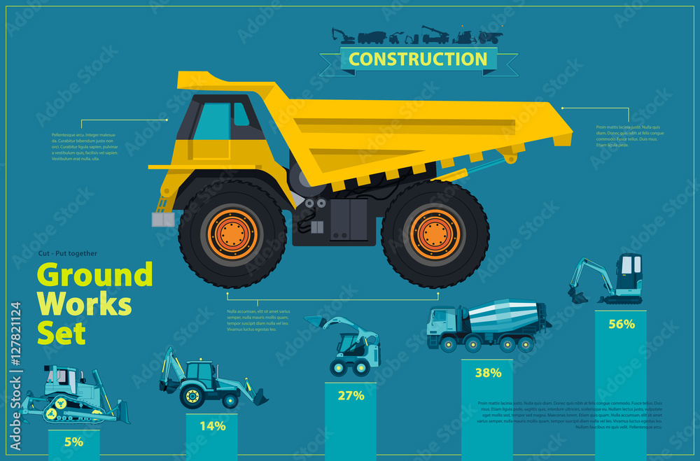 Yellow truck. Blue infographic big set of ground works, blue machines ...
