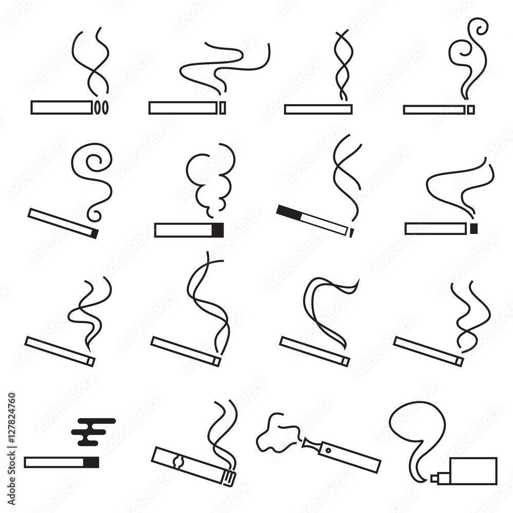 Cigarette icons. Collection of tobacco smoking and vaping line symbols ...