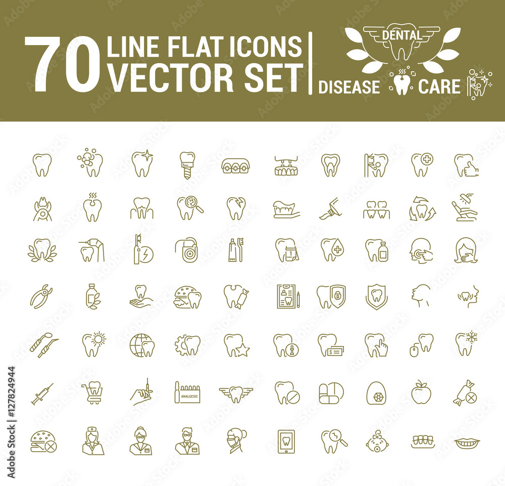 Vector set of flat graphic icon, line, contour, thin design. Dental ...