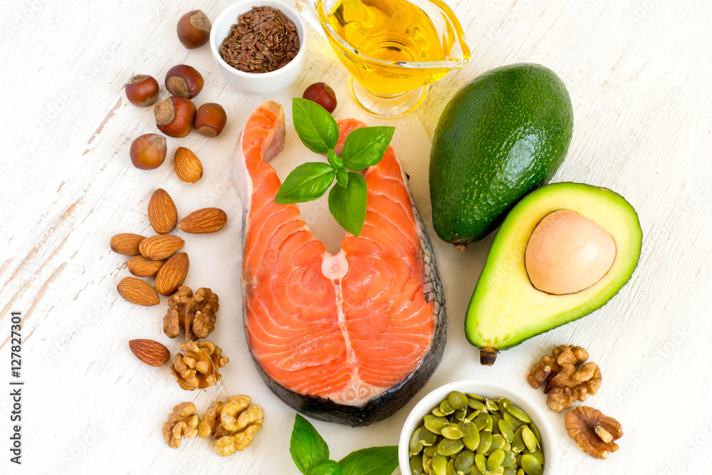 selection Food sources of omega 3 and healthy fats. Top view wit Stock ...