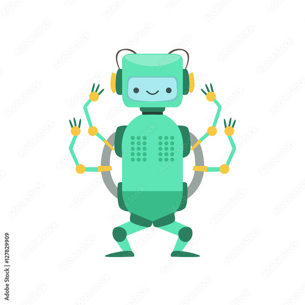 Green Friendly Android Robot Character With Four Arms Vector Cartoon ...