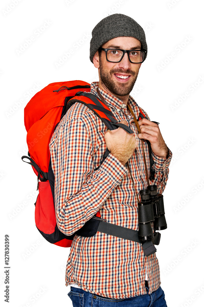Hiker man tourist. Hiking. Isolated over white background. Stock Photo ...