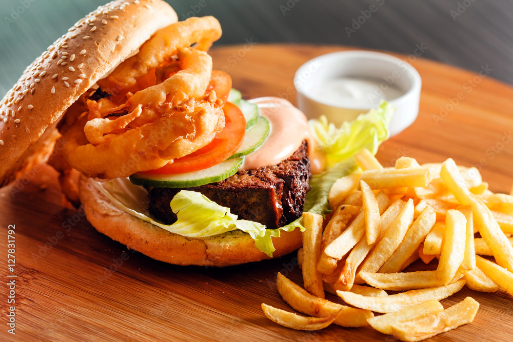 burger with french fries Stock Photo | Adobe Stock