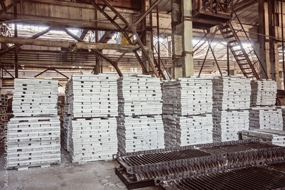 Stack of precast reinforced concrete slabs in a house-building f Stock ...