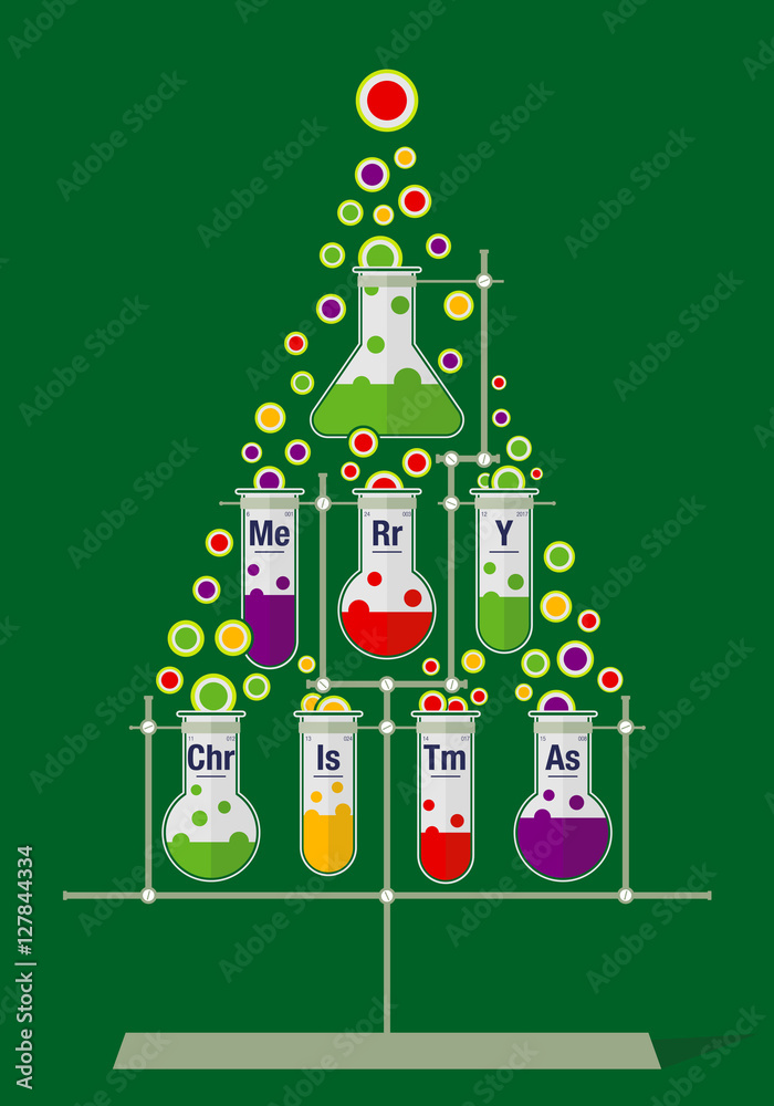 Christmas tree made of test tubes and bubbles on dark green background ...