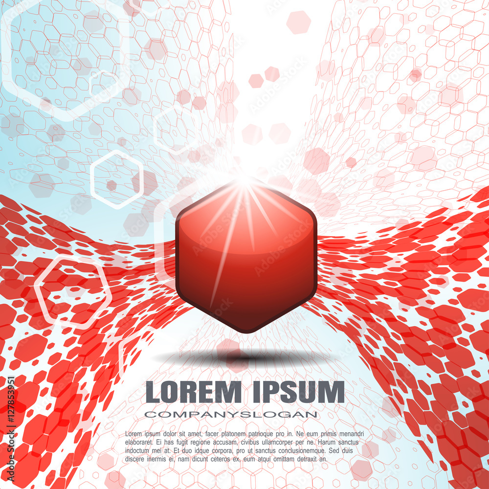 Vector abstract gradient white hexagon background, text, red badge and ...