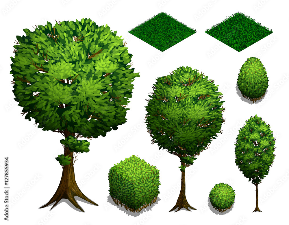 Set of isometric Trees. Realistic isometric bushes, trees and grass ...