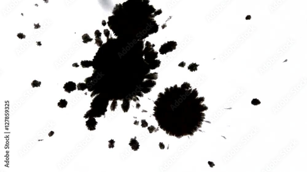 abstract isolated Drops of black ink paints with splashes drip falling ...