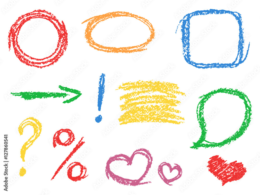 Set of comic colorful design elements on white. Crayon chalk hand drawn ...