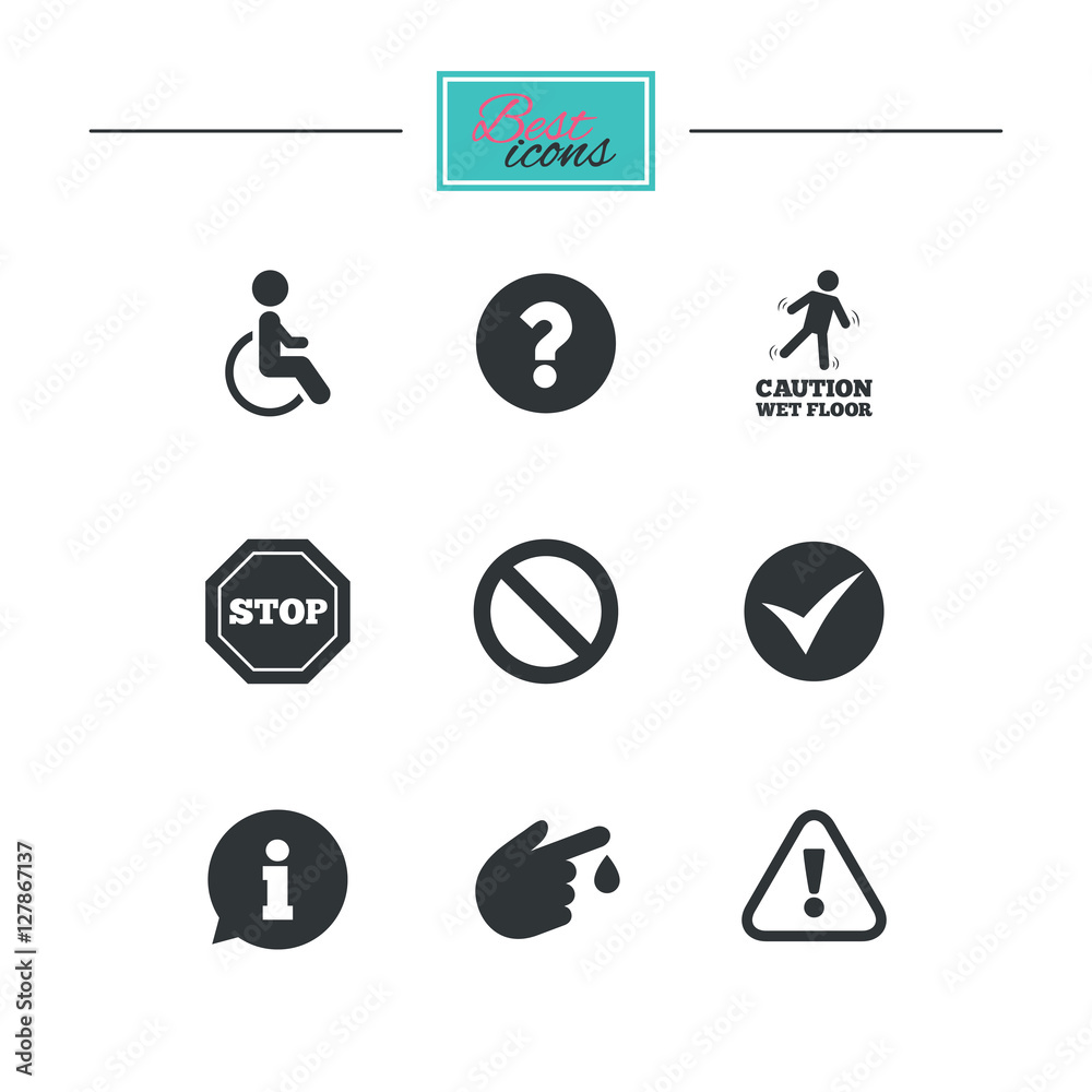 Attention caution icons. Question mark and information signs. Injury ...