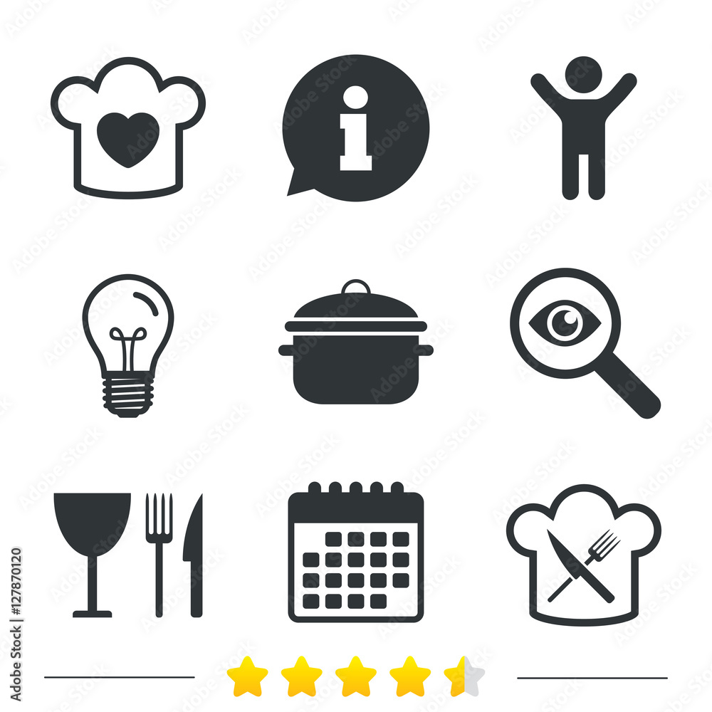 Chief hat with heart and cooking pan icons. Crosswise fork and knife ...
