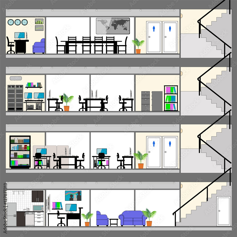 Cutaway Office Building with Interior Design Plan - Detailed Grouped ...