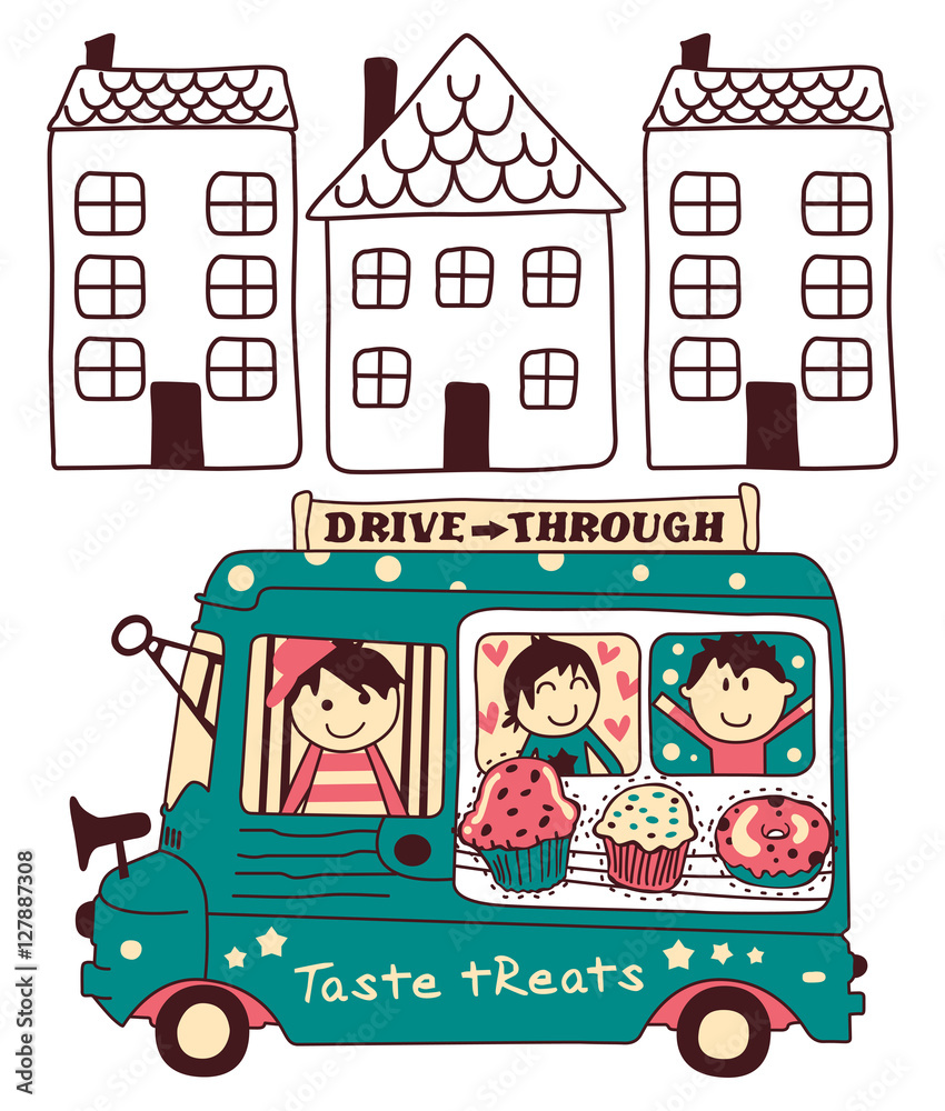 cute bus cake and home doodle cartoon Stock Vector | Adobe Stock