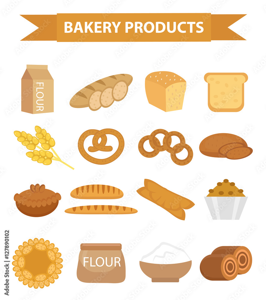 Bakery products icon set, flat style. Set of different bread and pastry ...