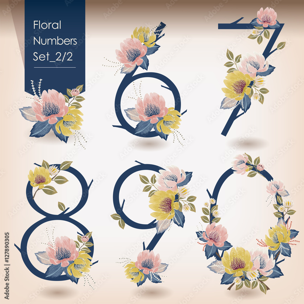 Vector illustration of floral numbers collection. A set of beautiful ...