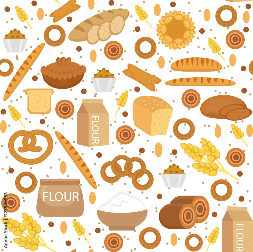 Bakery seamless pattern. Flat style. Bread and buns texture. Flour ...