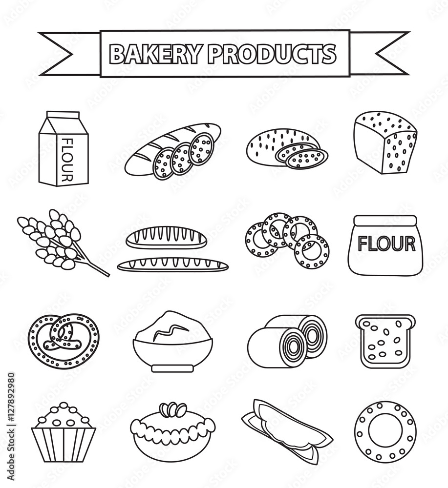 Bakery products icon set, line, outline, doodle style. Set of different ...