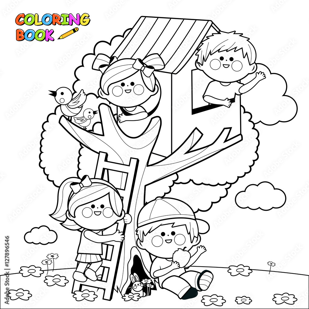 Children playing in a tree house. Vector black and white coloring page ...