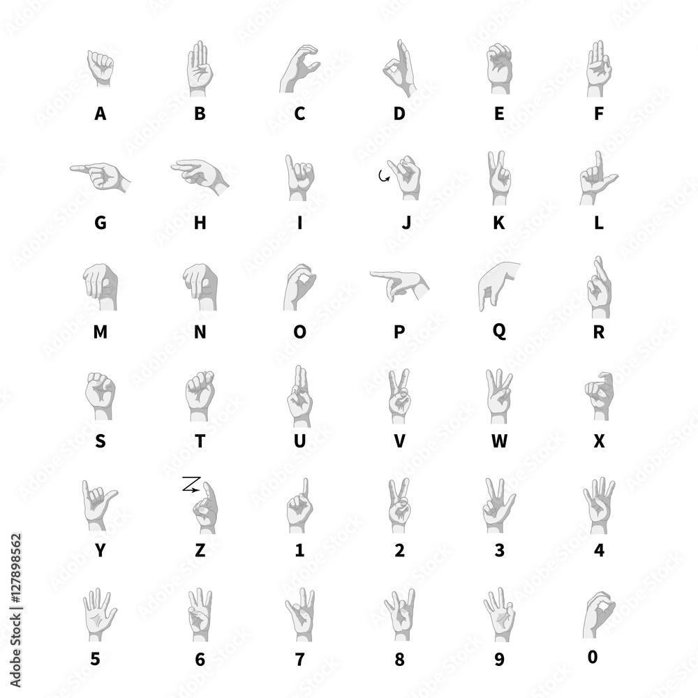 Sign language interpreter, latin alphabet grayscale signs on white ...