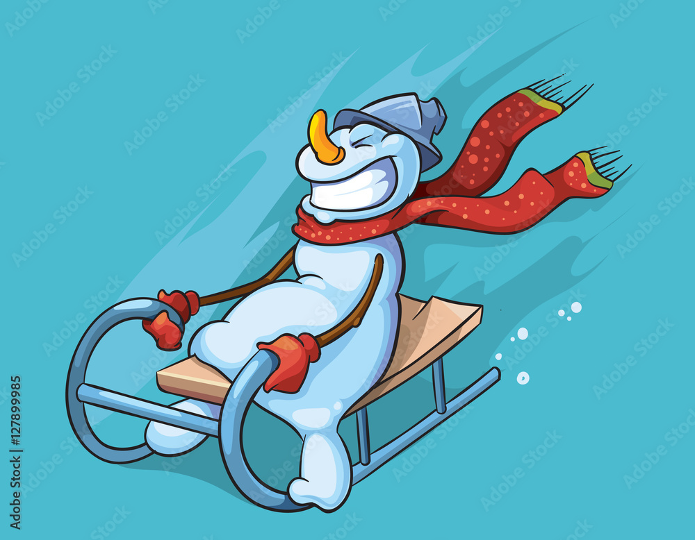 vector illustration of cute snowman with red scarf sledding Stock ...