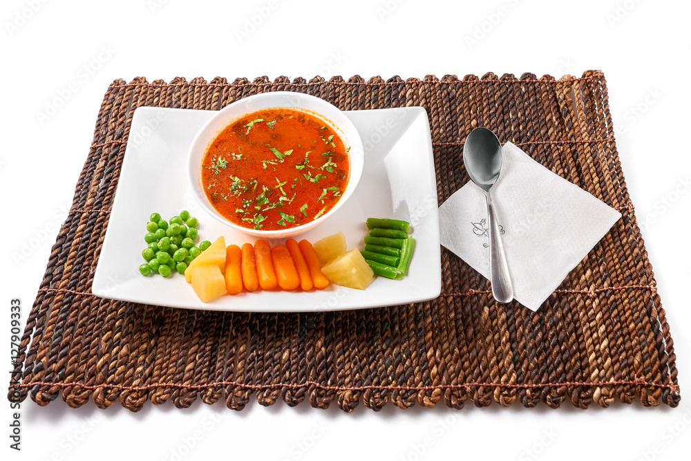 Traditional Romanian vegetables soup chorba with tomatoes sauce (Ciorba ...