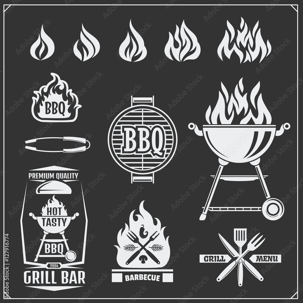BBQ and grill labels set. Barbecue emblems, badges and design elements ...