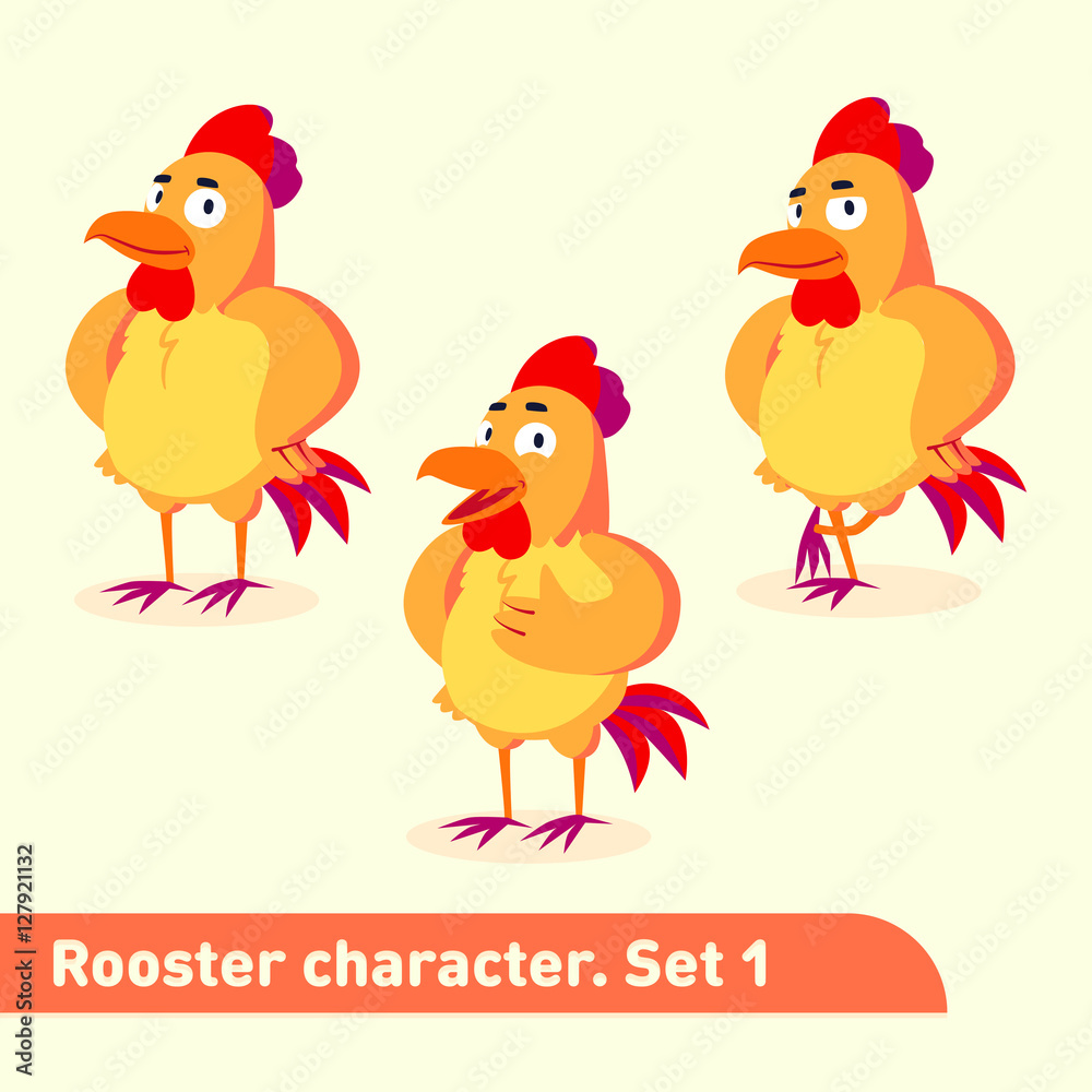 Vector illustrations set includes three standing poses of rooster ...