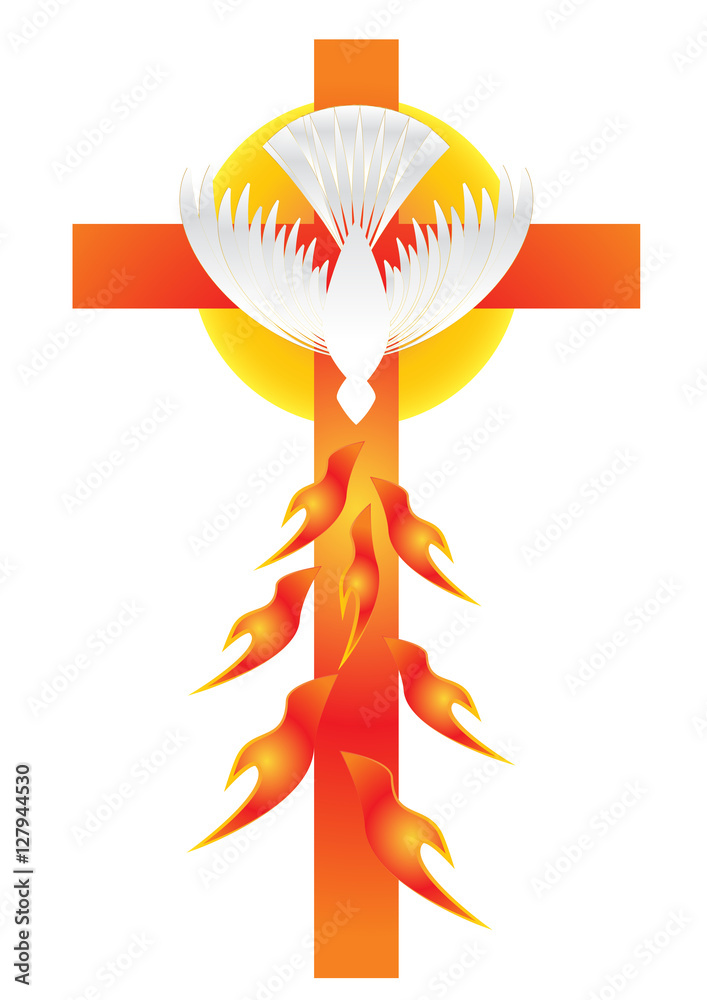 Poster Holy Spirit symbol - a white dove, with halo of light rays and ...