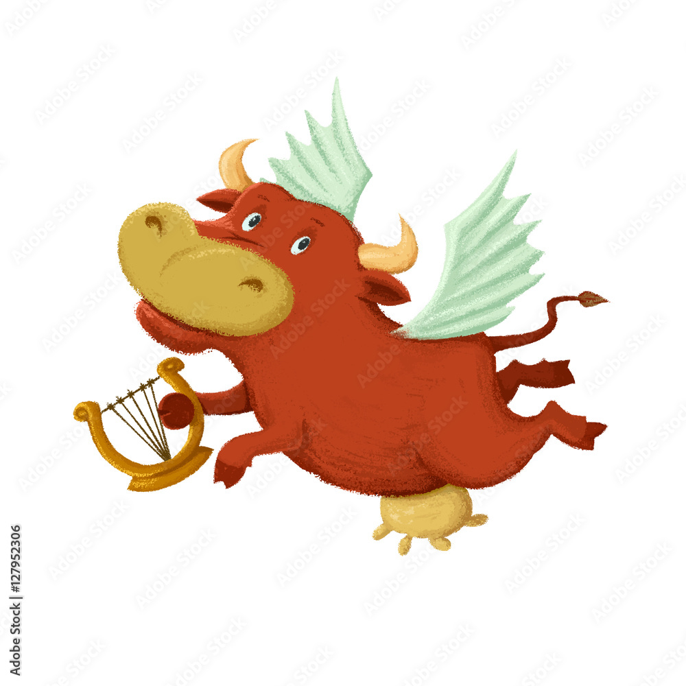 flying winged cow with a harp, illustration on a white background Stock ...