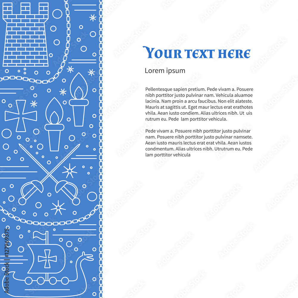 Poster, flyer with medieval line icons, symbols. Crossed sabres ...