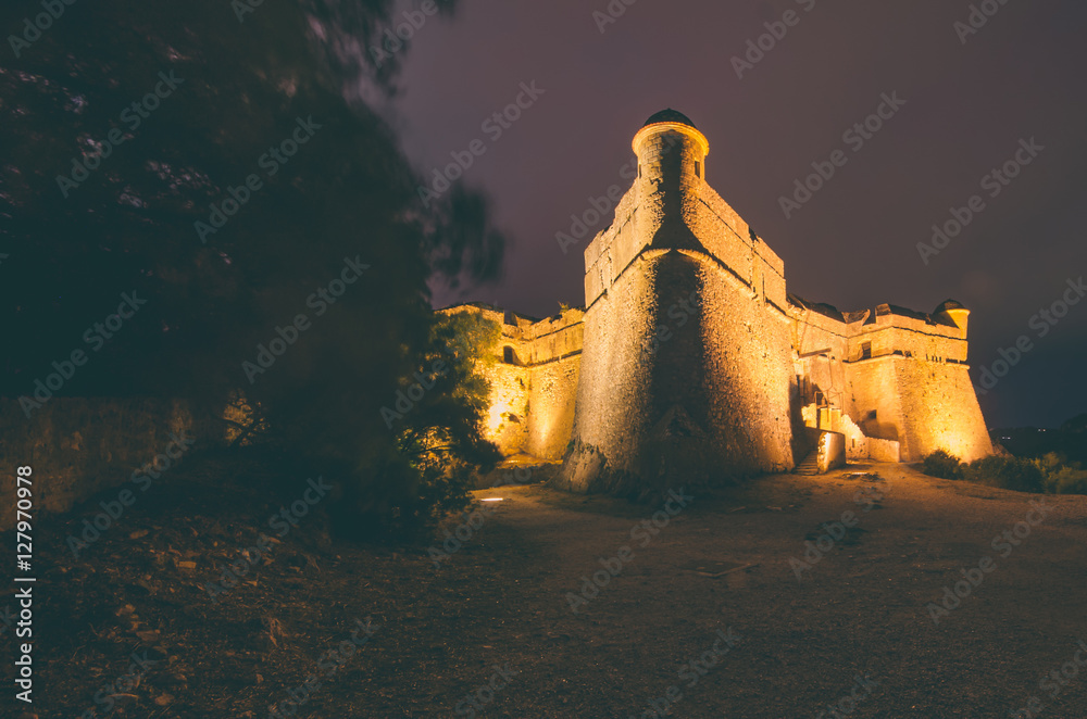 Nightview of the Fort of mont alban in nice, France. The fort is a ...