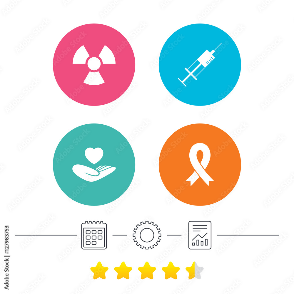 Medicine icons. Syringe, life insurance, radiation and ribbon signs ...