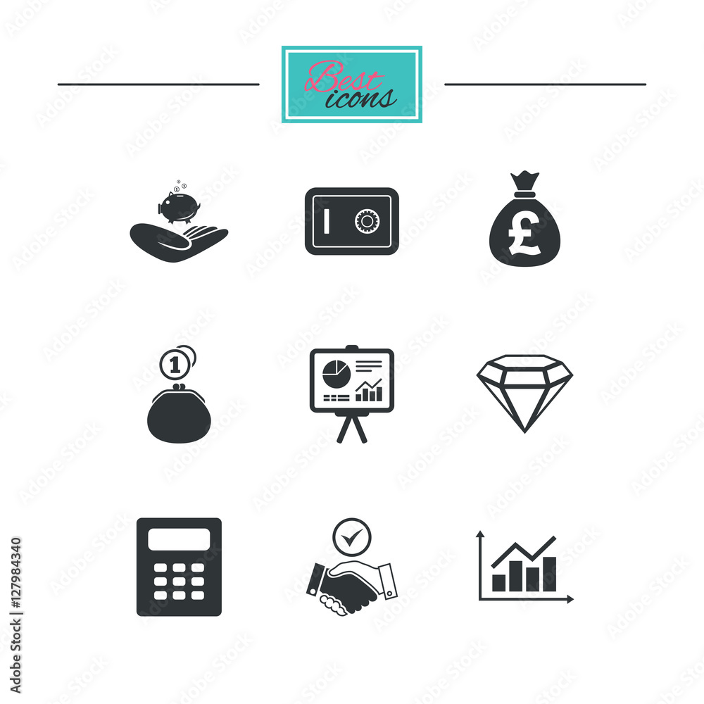 Money, cash and finance icons. Handshake, safe and calculator signs ...