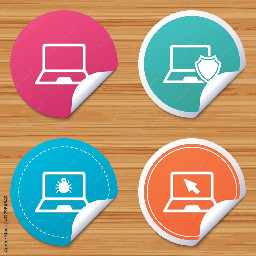 Round stickers or website banners. Notebook laptop pc icons. Virus or ...