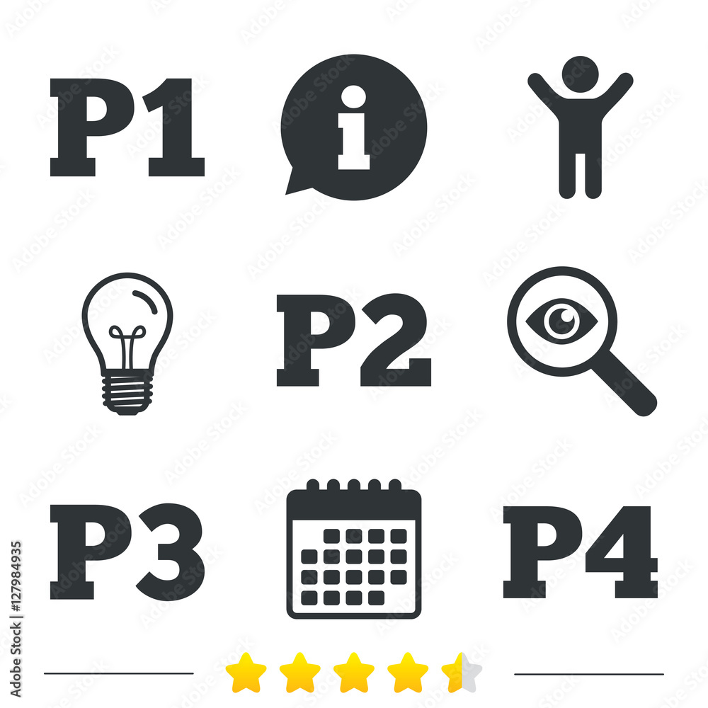 Car parking icons. First, second, third and four floor signs. P1, P2 ...