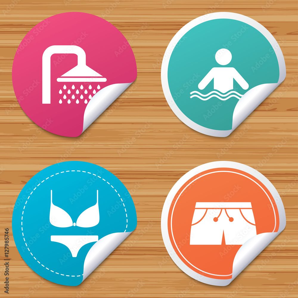 Round stickers or website banners. Swimming pool icons. Shower water ...