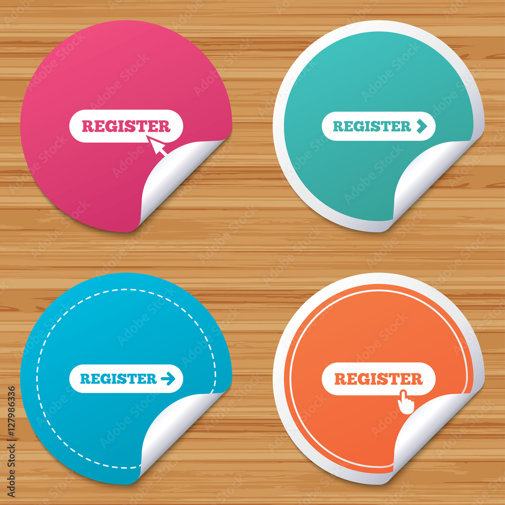 Round stickers or website banners. Register with hand pointer icon ...