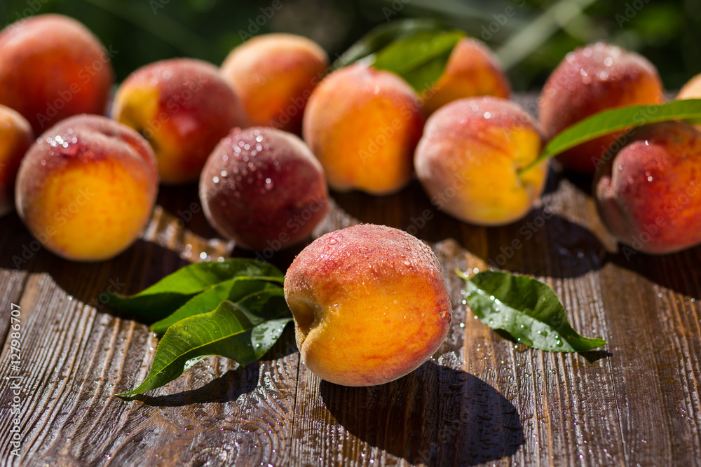 Fresh peaches, Peach close up fruit background, peach on wood ...