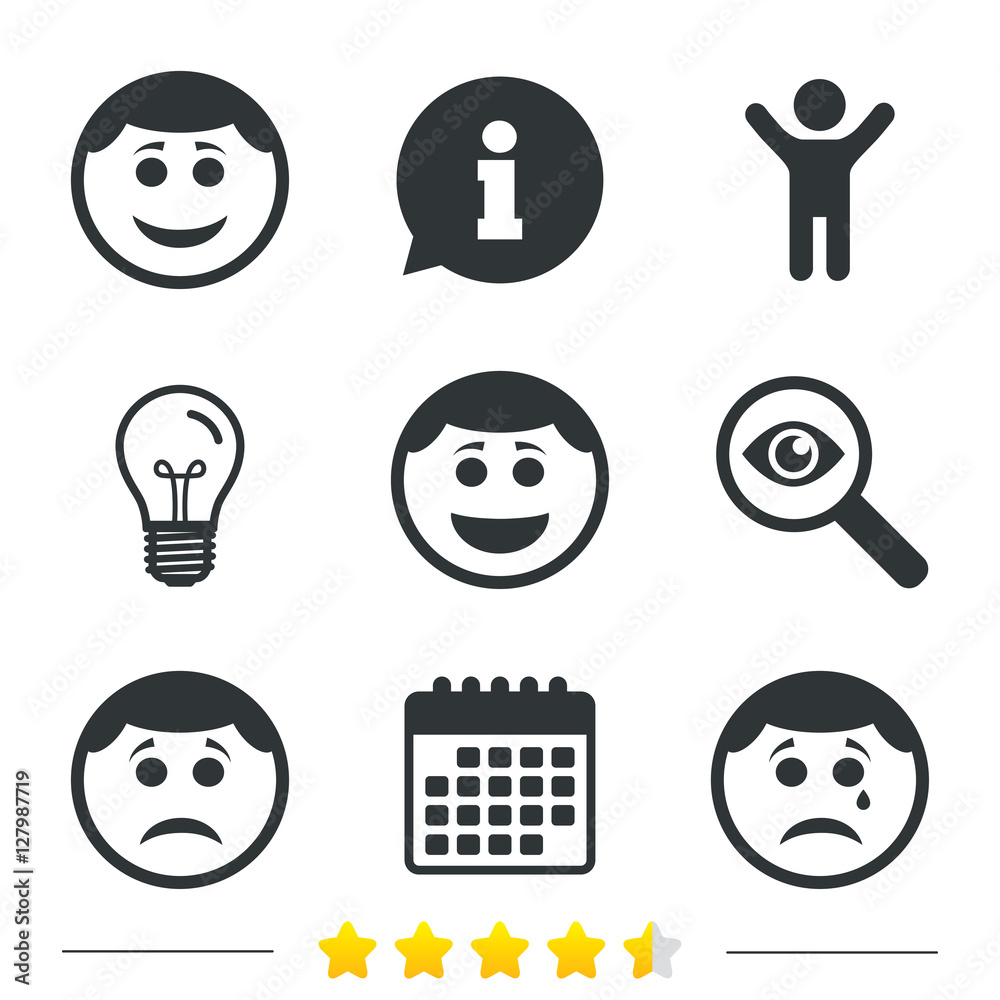 Circle smile face icons. Happy, sad, cry signs. Happy smiley chat ...