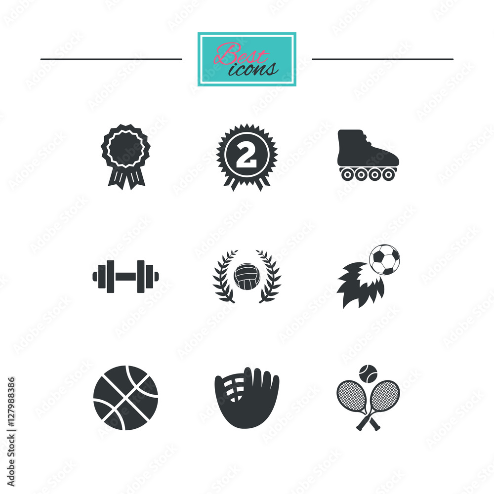Sport games, fitness icons. Football, basketball and volleyball signs ...
