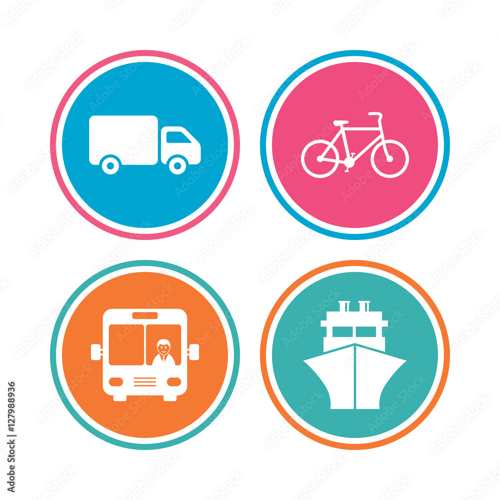 Transport icons. Truck, Bicycle, Public bus with driver and Ship signs ...