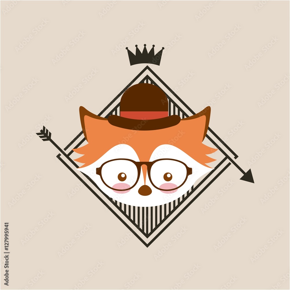 cute fox with glasses inside decorative frame with crown and arrows ...
